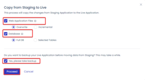 Choose the elements to push (web application files and database) by ...