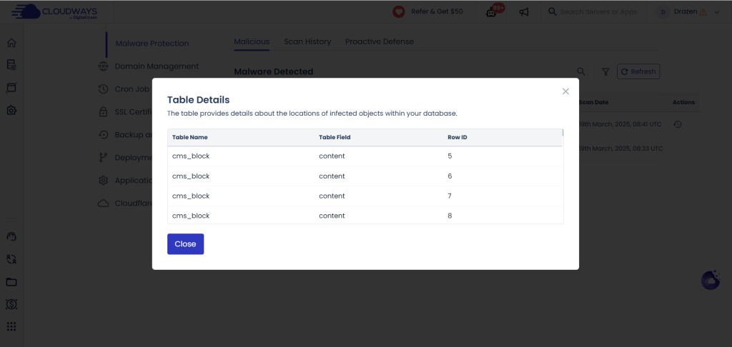 Clickable ‘Details’ column showing Table Name, Field, and Row ID for ...
