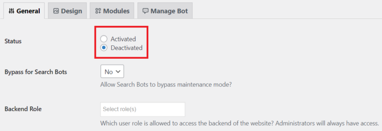 Go to the General tab and toggle the Deactivated radio button | The ...