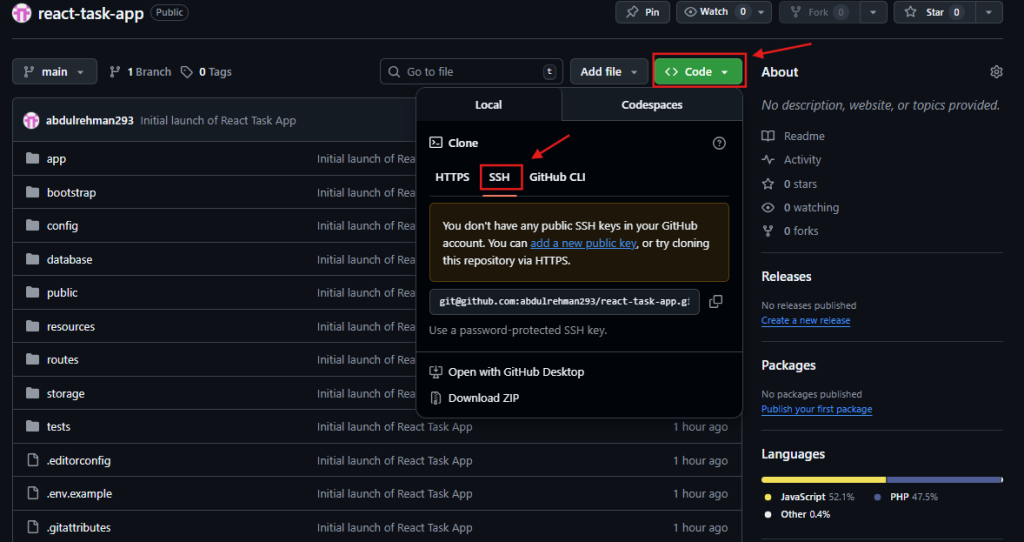 In GitHub, click the green Code button and copy the SSH URL | The ...