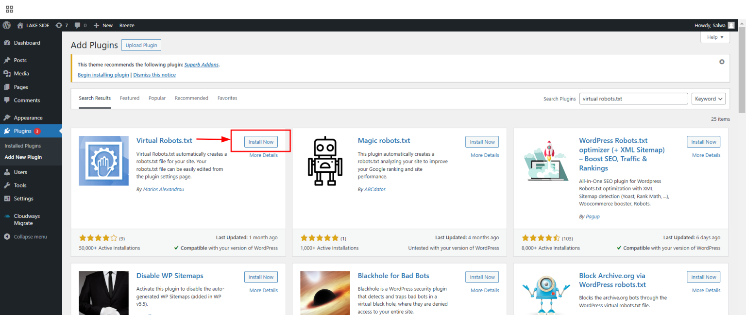 Install the plugin Virtual Robots.txt | The Official Cloudways Blog