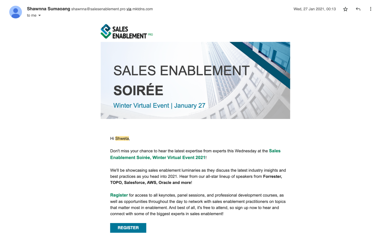 Screenshot of an email in which the brand has shared an event invite ...