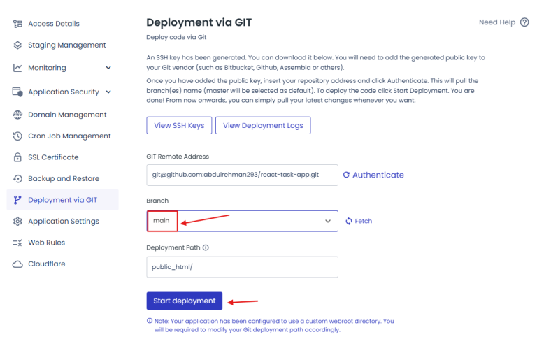 Select the main branch and click Start Deployment | The Official ...