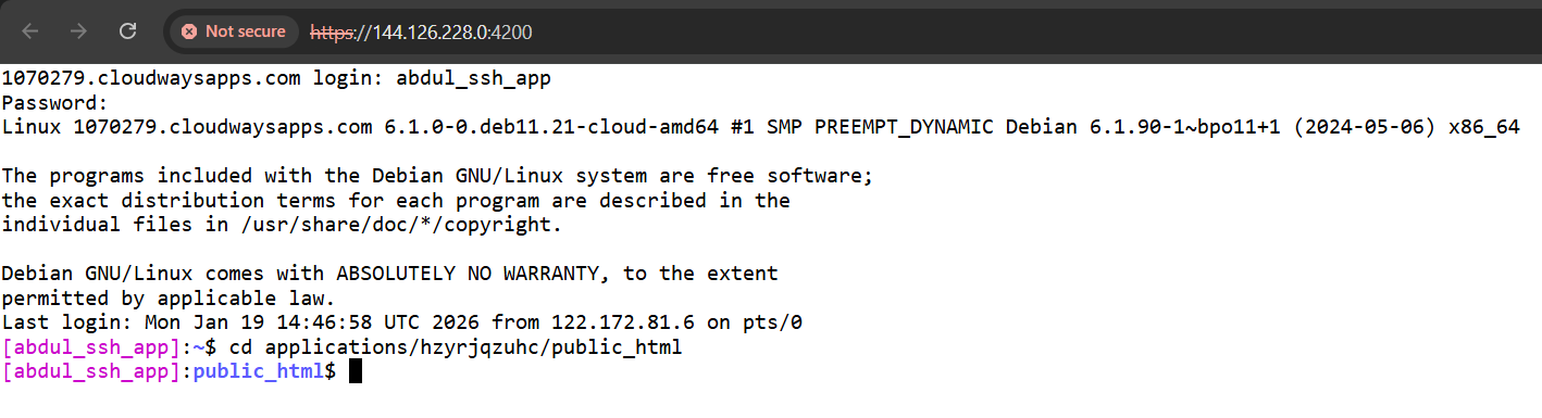 log into ssh terminal on cloudways server and access your app folder ...
