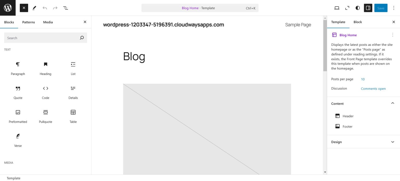 user interface of a block theme